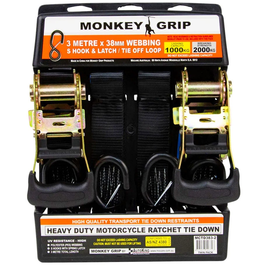 Monkey Grip Motorcycle Ratchet Tie Down 38mm x 3m 2 Pack | Great ...